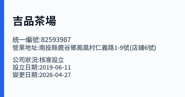吉品茶場的照片-統編 82593987(南投縣) 公司登記資料與營業項目詳細圖表