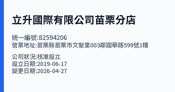 立升國際有限公司苗栗分店的照片-統編 82594206(苗栗縣) 公司登記資料與營業項目詳細圖表