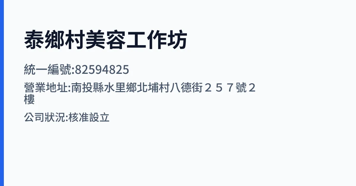 泰鄉村美容工作坊 - 統編 82594825(南投縣) 公司登記資料與營業項目詳細圖表