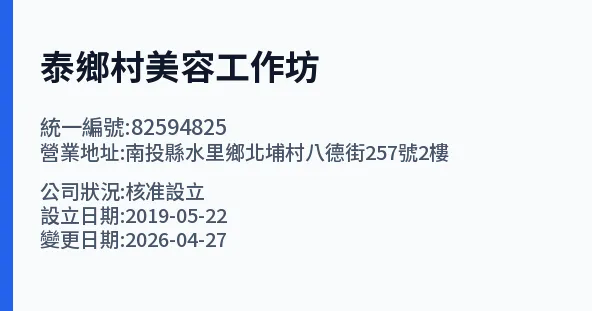 泰鄉村美容工作坊的照片-統編 82594825(南投縣) 公司登記資料與營業項目詳細圖表