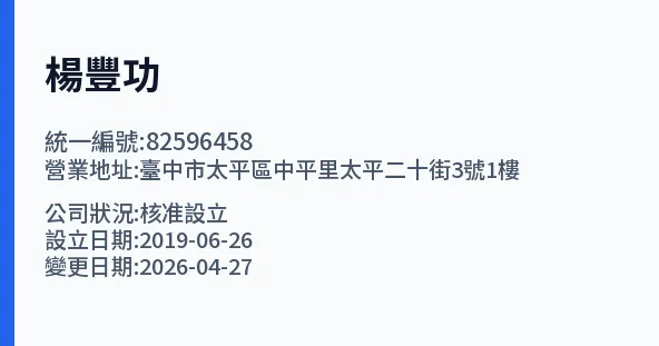 楊豐功的照片-統編 82596458(臺中市) 公司登記資料與營業項目詳細圖表