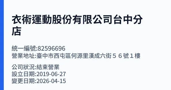 衣術運動股份有限公司台中分店的照片-統編 82596696(臺中市) 公司登記資料與營業項目詳細圖表