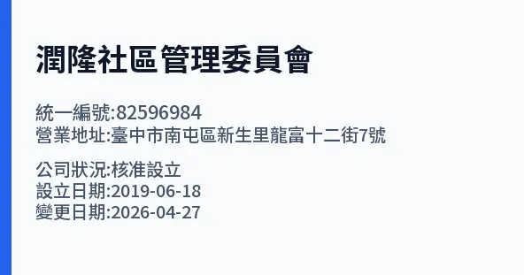 潤隆社區管理委員會的照片-統編 82596984(臺中市) 公司登記資料與營業項目詳細圖表