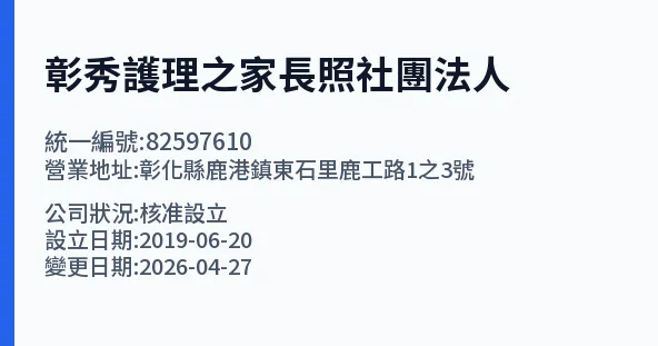 彰秀護理之家長照社團法人的照片-統編 82597610(彰化縣) 公司登記資料與營業項目詳細圖表