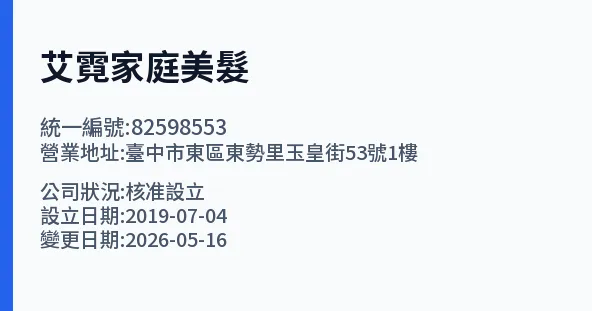 艾霓家庭美髮的照片-統編 82598553(臺中市) 公司登記資料與營業項目詳細圖表