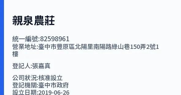 親泉農莊的照片-統編 82598961(臺中市) 公司登記資料與營業項目詳細圖表