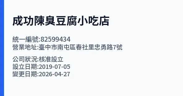 成功陳臭豆腐小吃店的照片-統編 82599434(臺中市) 公司登記資料與營業項目詳細圖表