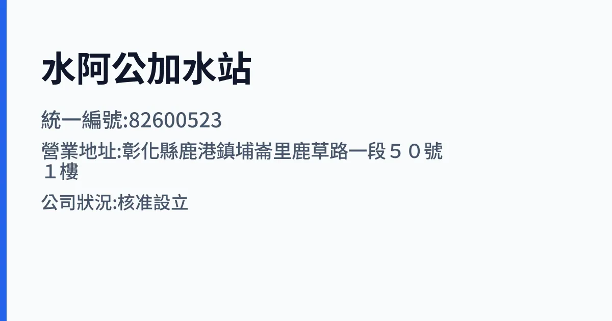 水阿公加水站 - 統編 82600523(彰化縣) 公司登記資料與營業項目詳細圖表
