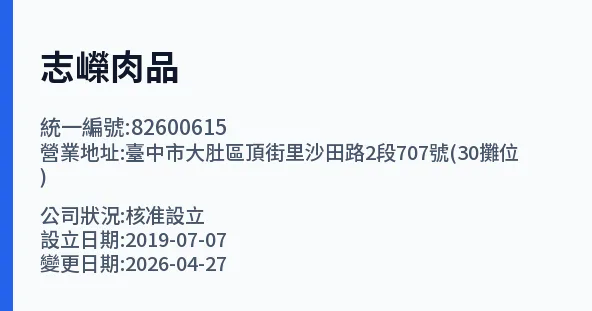 志嶸肉品的照片-統編 82600615(臺中市) 公司登記資料與營業項目詳細圖表