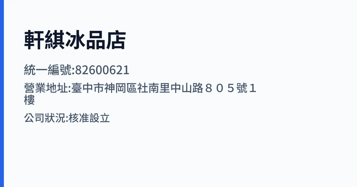 軒綨冰品店 - 統編 82600621(臺中市) 公司登記資料與營業項目詳細圖表