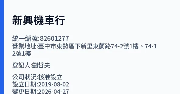 新興機車行的照片-統編 82601277(臺中市) 公司登記資料與營業項目詳細圖表