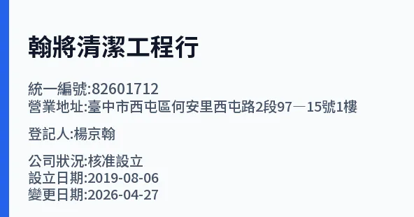 翰將清潔工程行的照片-統編 82601712(臺中市) 公司登記資料與營業項目詳細圖表