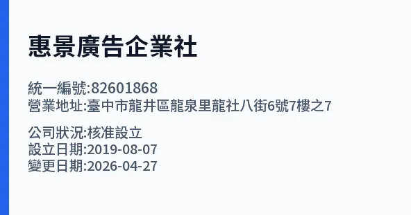 惠景廣告企業社的照片-統編 82601868(臺中市) 公司登記資料與營業項目詳細圖表
