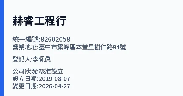 赫睿工程行的照片-統編 82602058(臺中市) 公司登記資料與營業項目詳細圖表