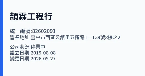 頡霖工程行的照片-統編 82602091(臺中市) 公司登記資料與營業項目詳細圖表