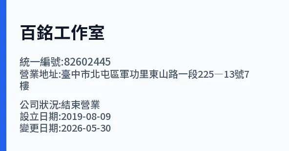 百銘工作室的照片-統編 82602445(臺中市) 公司登記資料與營業項目詳細圖表