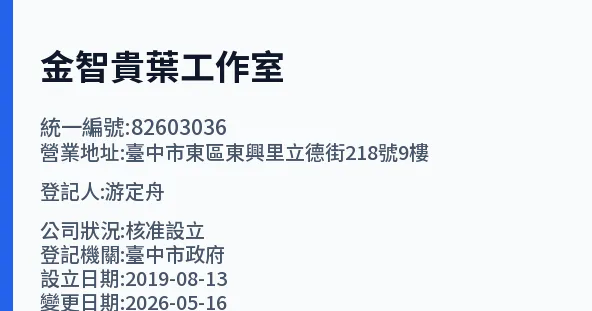 金智貴葉工作室的照片-統編 82603036(臺中市) 公司登記資料與營業項目詳細圖表
