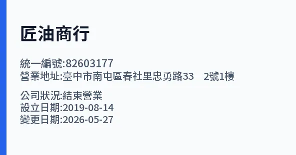 匠油商行的照片-統編 82603177(臺中市) 公司登記資料與營業項目詳細圖表