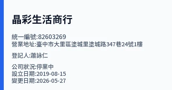 晶彩生活商行的照片-統編 82603269(臺中市) 公司登記資料與營業項目詳細圖表