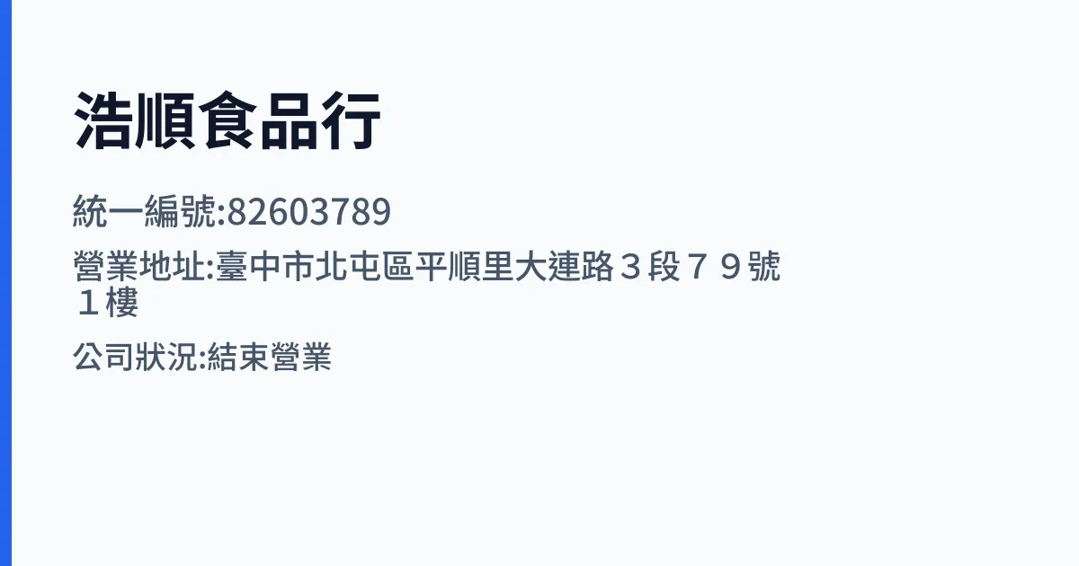 浩順食品行 - 統編 82603789(臺中市) 公司登記資料與營業項目詳細圖表