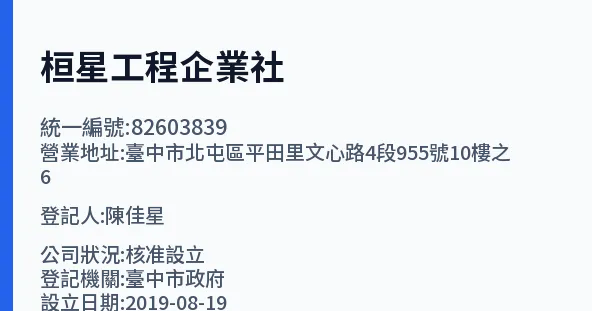 桓星工程企業社的照片-統編 82603839(臺中市) 公司登記資料與營業項目詳細圖表