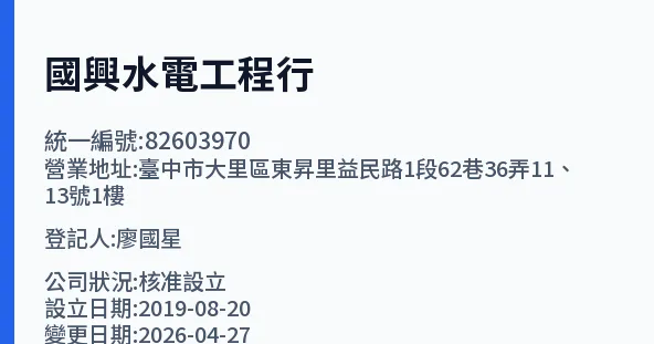 國興水電工程行的照片-統編 82603970(臺中市) 公司登記資料與營業項目詳細圖表