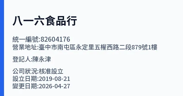 八一六食品行的照片-統編 82604176(臺中市) 公司登記資料與營業項目詳細圖表