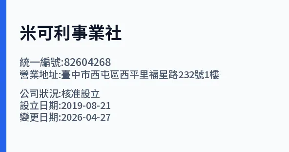 米可利事業社的照片-統編 82604268(臺中市) 公司登記資料與營業項目詳細圖表