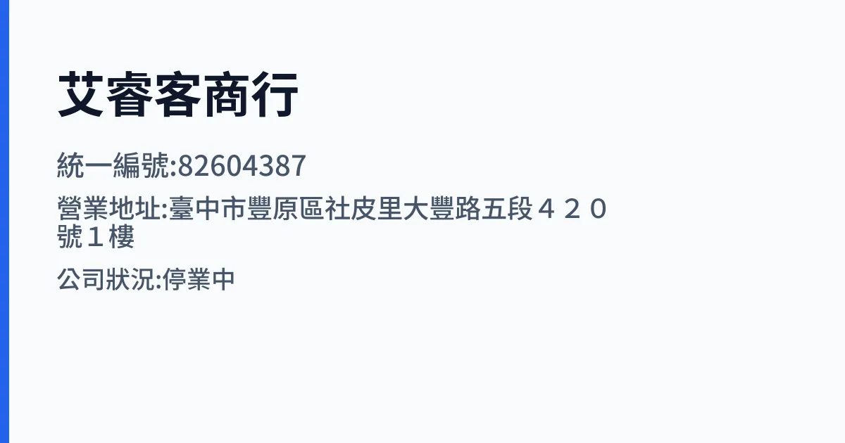艾睿客商行 - 統編 82604387(臺中市) 公司登記資料與營業項目詳細圖表