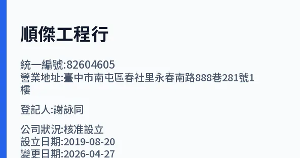 順傑工程行的照片-統編 82604605(臺中市) 公司登記資料與營業項目詳細圖表