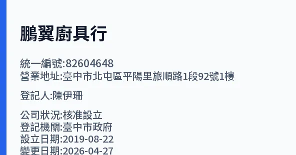 鵬翼廚具行的照片-統編 82604648(臺中市) 公司登記資料與營業項目詳細圖表