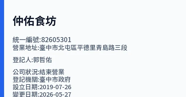 仲佑食坊的照片-統編 82605301(臺中市) 公司登記資料與營業項目詳細圖表