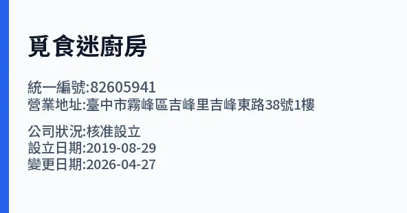 覓食迷廚房的照片-統編 82605941(臺中市) 公司登記資料與營業項目詳細圖表