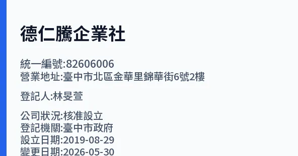 德仁騰企業社的照片-統編 82606006(臺中市) 公司登記資料與營業項目詳細圖表