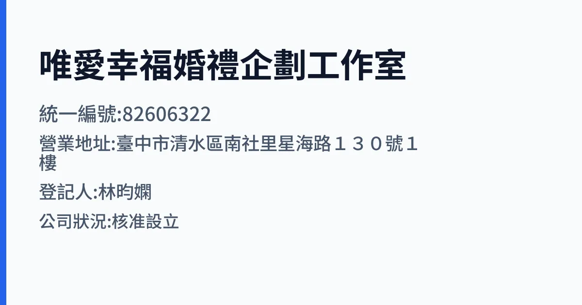 唯愛幸福婚禮企劃工作室 - 統編 82606322（臺中市） 公司登記資料與營業項目詳細圖表