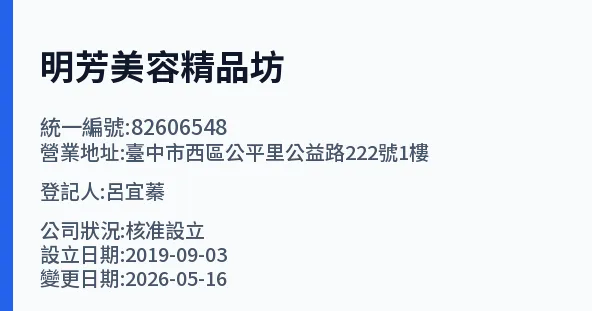 明芳美容精品坊的照片-統編 82606548(臺中市) 公司登記資料與營業項目詳細圖表