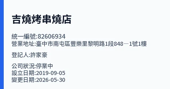 吉燒烤串燒店的照片-統編 82606934(臺中市) 公司登記資料與營業項目詳細圖表