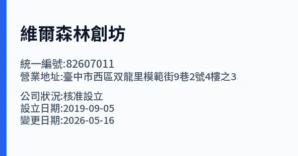 維爾森林創坊的照片-統編 82607011(臺中市) 公司登記資料與營業項目詳細圖表