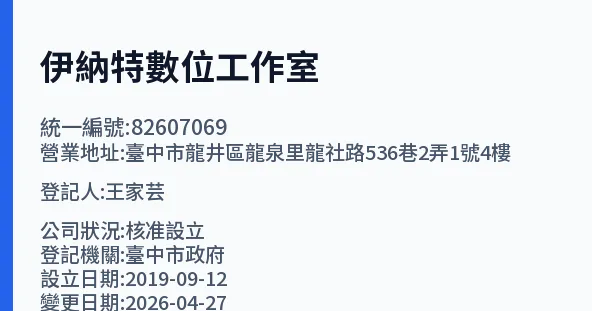伊納特數位工作室的照片-統編 82607069(臺中市) 公司登記資料與營業項目詳細圖表