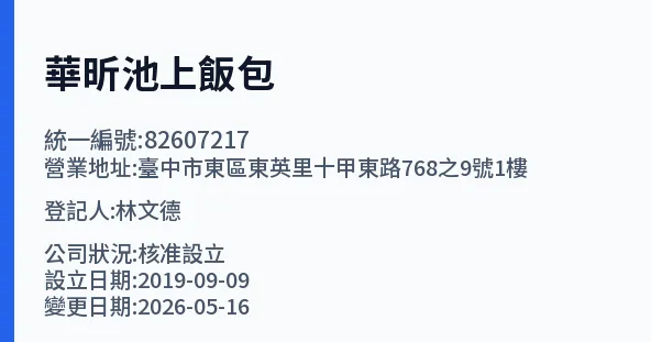 華昕池上飯包的照片-統編 82607217(臺中市) 公司登記資料與營業項目詳細圖表