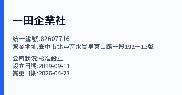 一田企業社的照片-統編 82607716(臺中市) 公司登記資料與營業項目詳細圖表