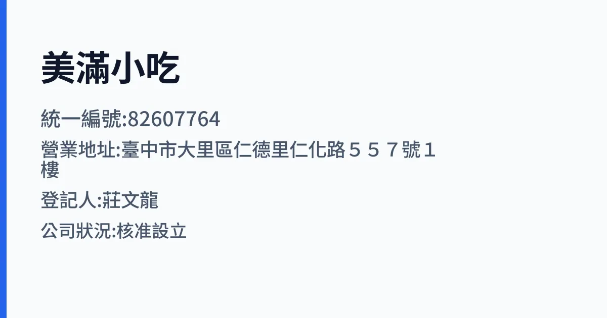美滿小吃 - 統編 82607764(臺中市) 公司登記資料與營業項目詳細圖表