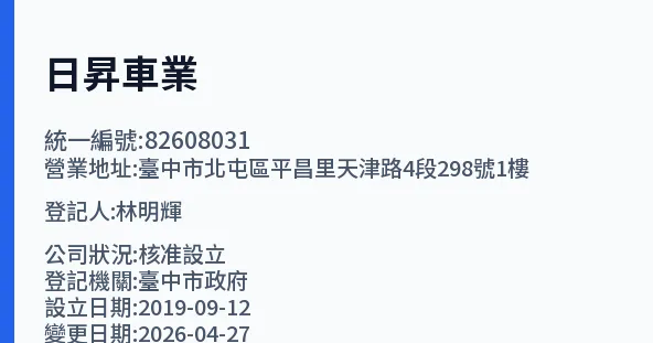 日昇車業的照片-統編 82608031(臺中市) 公司登記資料與營業項目詳細圖表