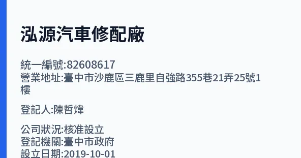 泓源汽車修配廠的照片-統編 82608617(臺中市) 公司登記資料與營業項目詳細圖表