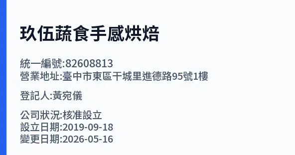 玖伍蔬食手感烘焙的照片-統編 82608813(臺中市) 公司登記資料與營業項目詳細圖表