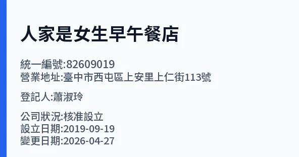 人家是女生早午餐店的照片-統編 82609019(臺中市) 公司登記資料與營業項目詳細圖表