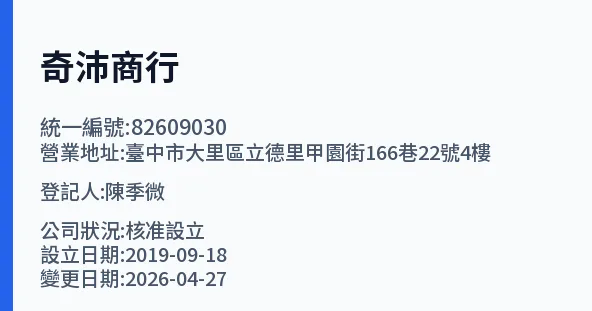 奇沛商行的照片-統編 82609030(臺中市) 公司登記資料與營業項目詳細圖表
