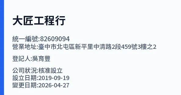大匠工程行的照片-統編 82609094(臺中市) 公司登記資料與營業項目詳細圖表