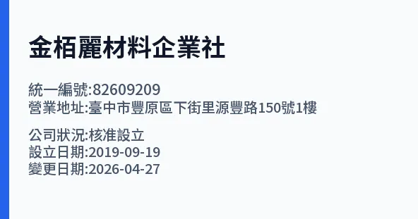 金栢麗材料企業社的照片-統編 82609209(臺中市) 公司登記資料與營業項目詳細圖表