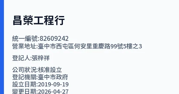 昌榮工程行的照片-統編 82609242(臺中市) 公司登記資料與營業項目詳細圖表